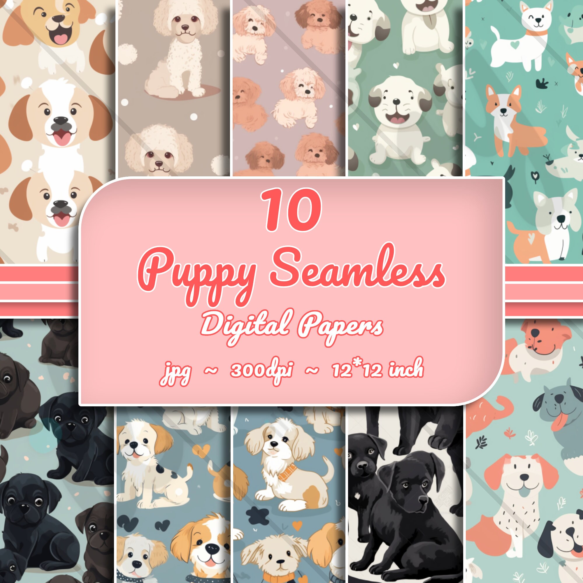Puppies Digital Paper, Puppies Seamless Pattern, Dog Prints, Puppies ...