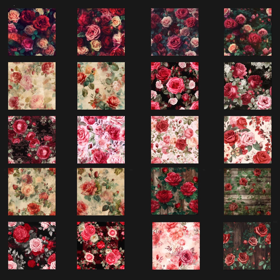 Vintage Red Roses Digital Paper, Seamless Rose Textures, Floral Digital ...