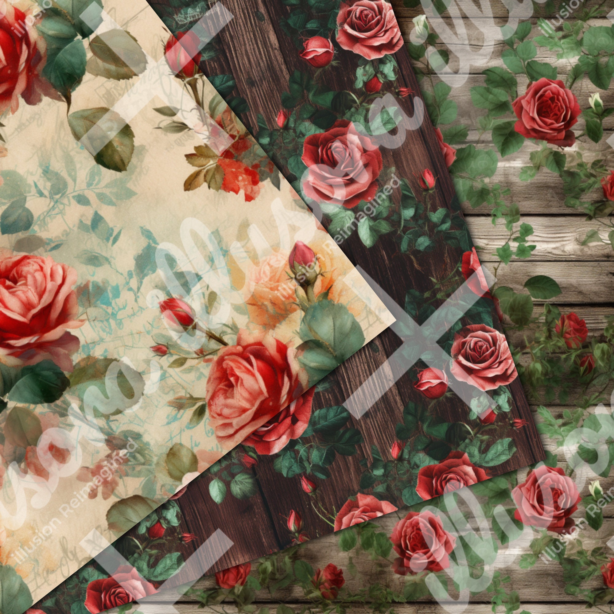 Vintage Red Roses Digital Paper, Seamless Rose Textures, Floral Digital ...