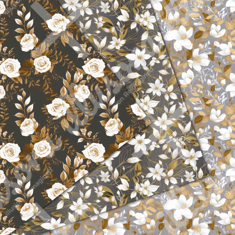 Flowers Gold Digital Paper, Gold Flower Prints, Floral Seamless Pattern ...