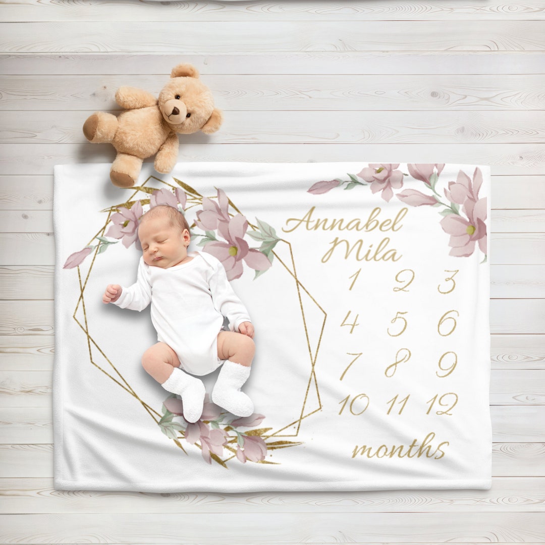 Floral Pink Baby Milestone Blanket, Monthly Growth Tracker With Blue ...