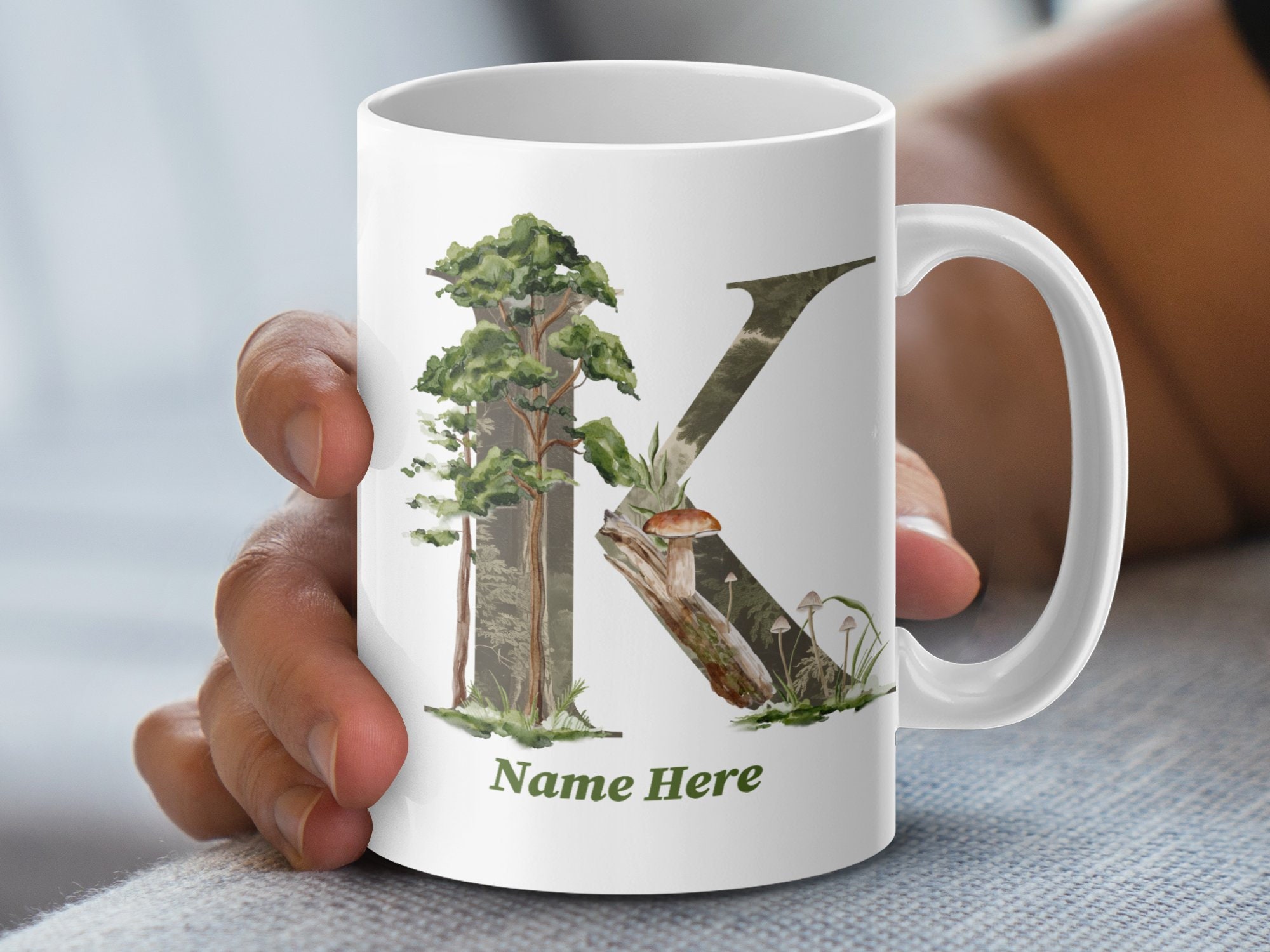 Personalized Letter K Mug, Alphabet Forest Scene, Custom Initial Coffee ...