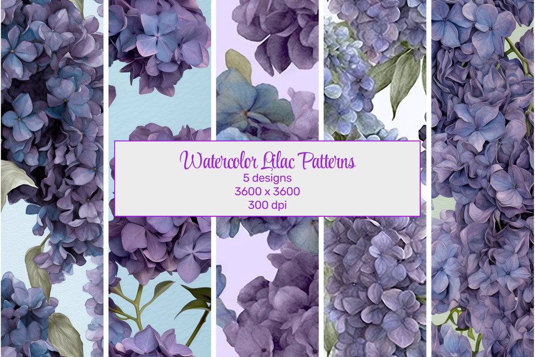 Watercolor Blue and Purple Lilacs Seamless Patterns, Floral Digital ...