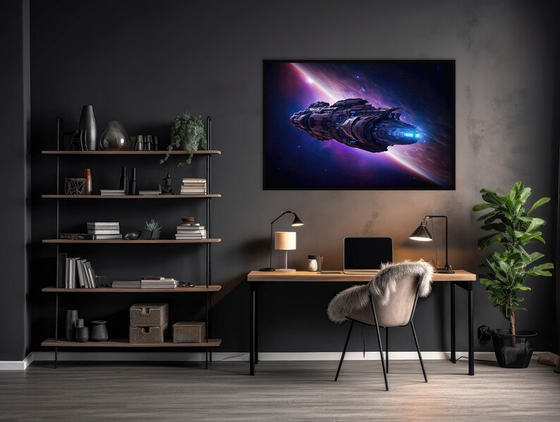 Advanced Futuristic Sci-fi Spaceship Wall-art: Vibrant Enchanting Cyan ...