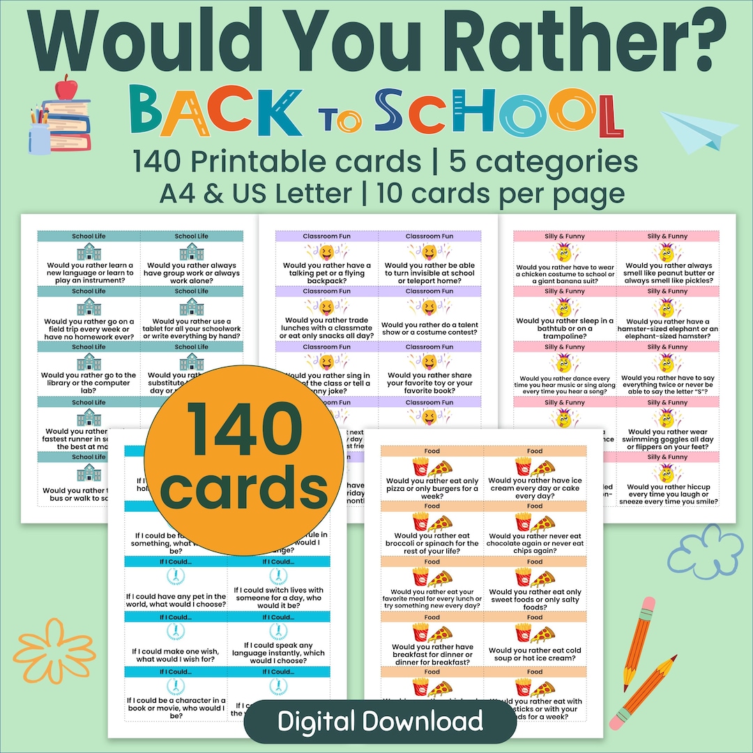 Would You Rather School Edition – 140 Cards + Editable Sheet | Back to ...