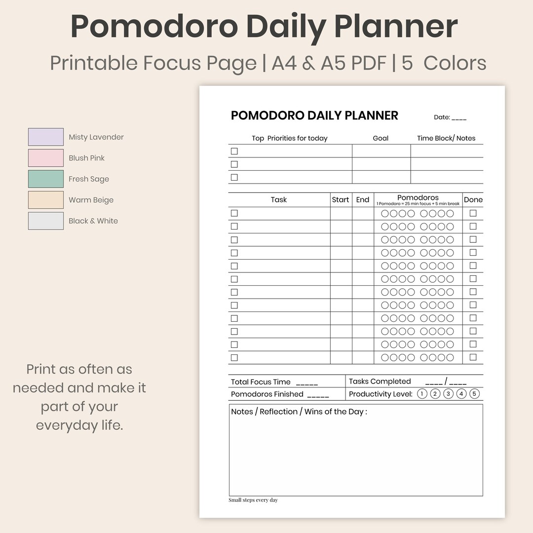 Pomodoro Daily Planner – Printable Focus Sheet | A4 & A5 PDF | 5 Colors ...