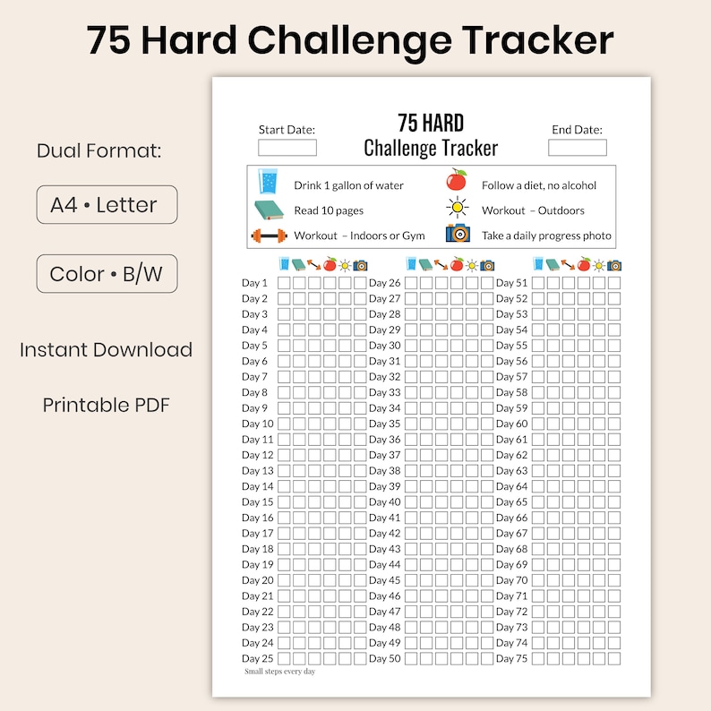 75 Hard Challenge Tracker Printable – A4 + US Letter | Color + Black ...
