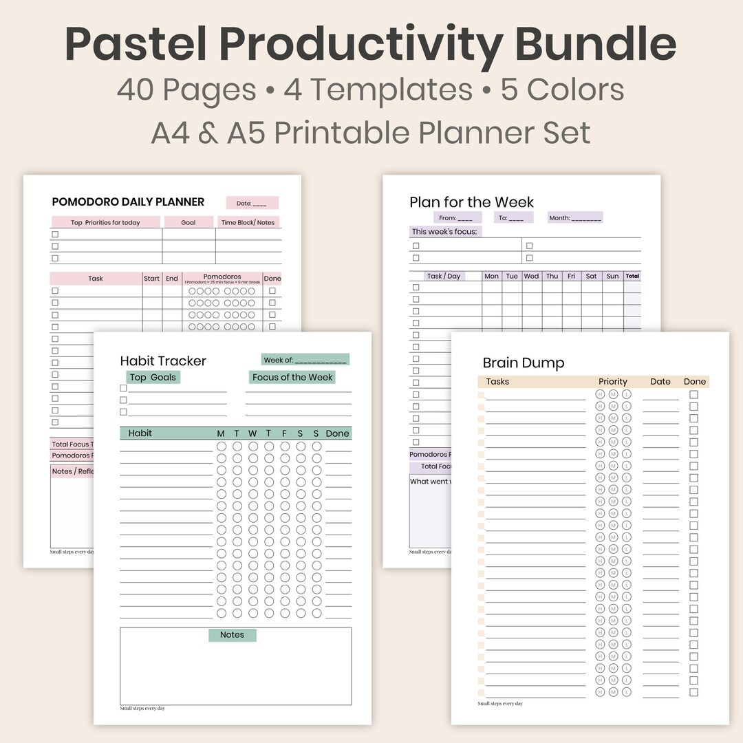 Pastel Productivity Planner Bundle – Daily & Weekly Templates + Habit ...