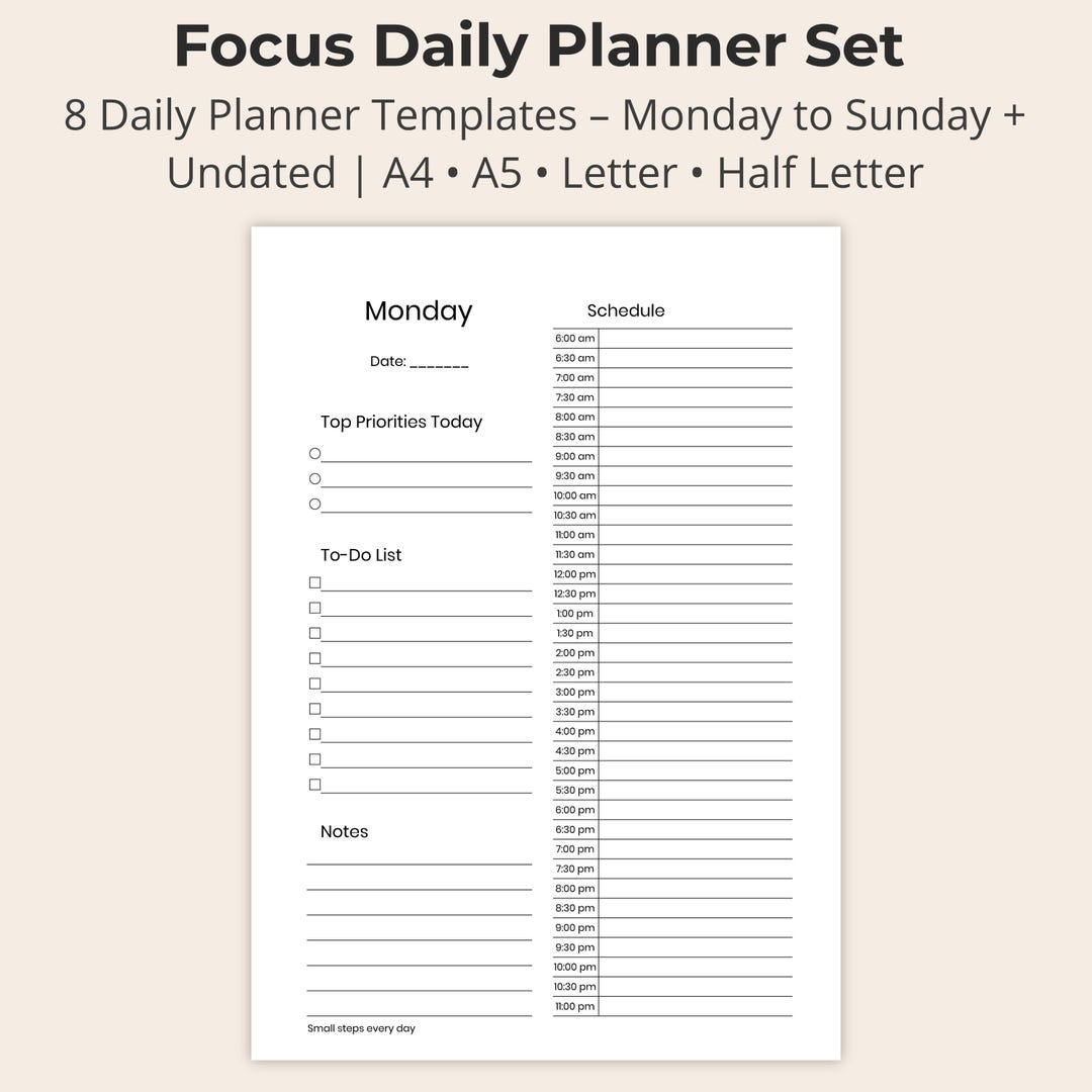 Focus Daily Planner Set – 7 Days of the Week + Undated Page | A4 A5 ...