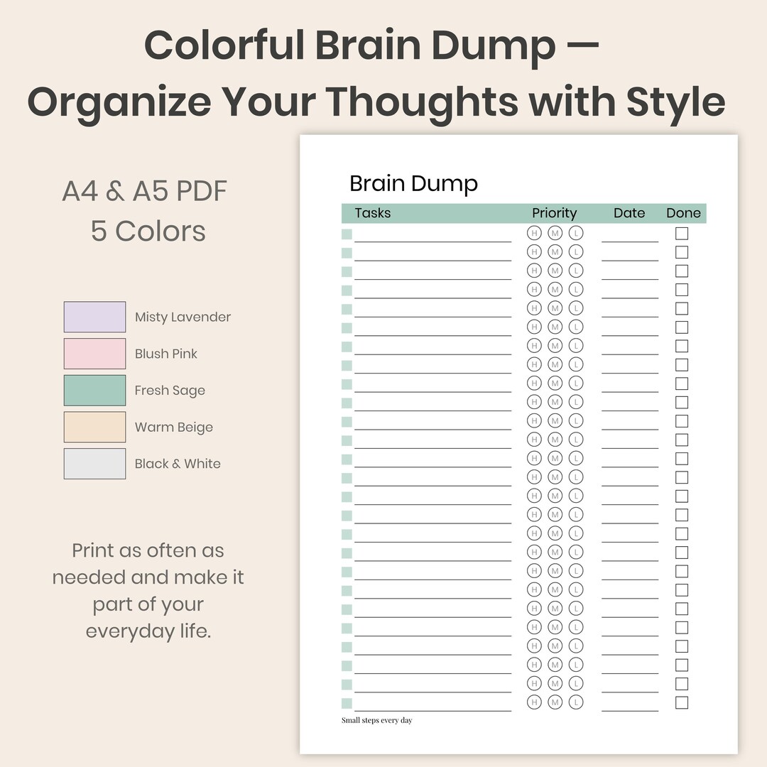 Brain Dump Printable in 5 Colors | A4 A5 PDF | Mind Declutter Worksheet ...