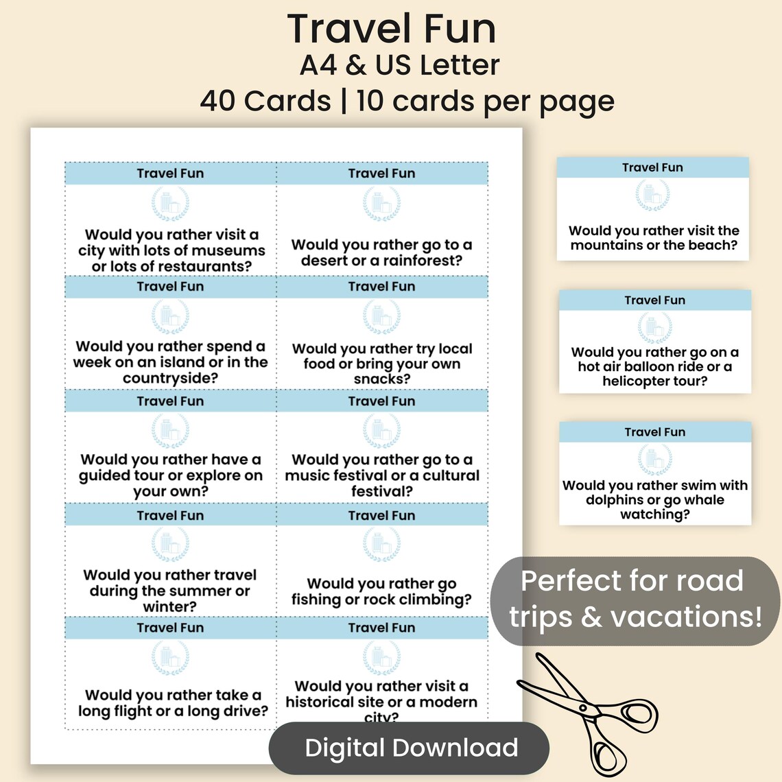 Would You Rather Game Printable | 190 Cards for Kids Teens | Travel ...
