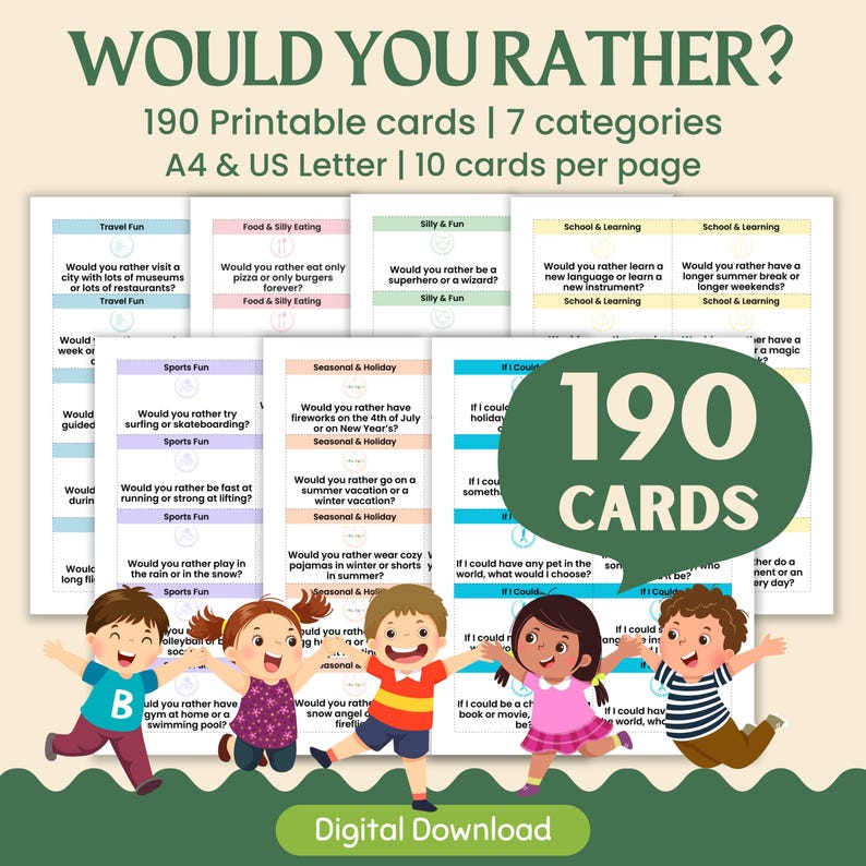 Would You Rather Game Printable | 190 Cards for Kids Teens | Travel ...