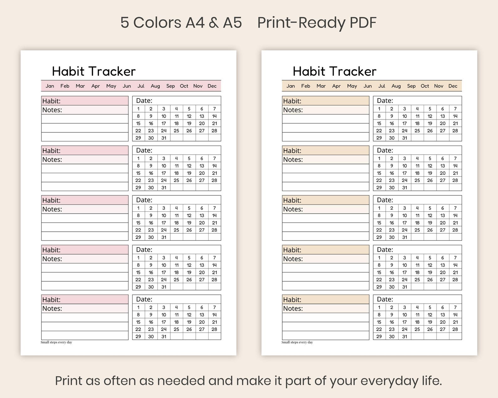 Monthly Habit Tracker Printable – Track 5 Habits per Page | A4 & A5 PDF ...