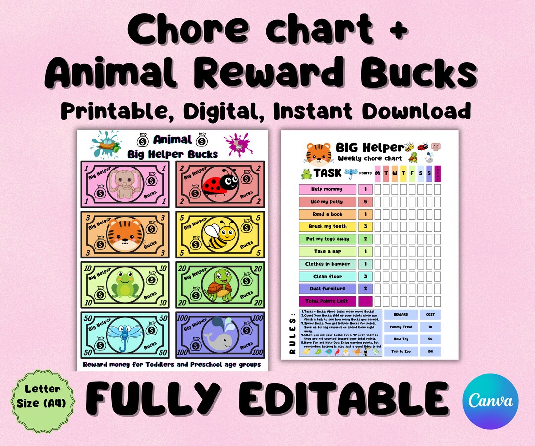 Chore Chart, Responsibility Chart, Toddler, Animal Theme, Reward Money ...