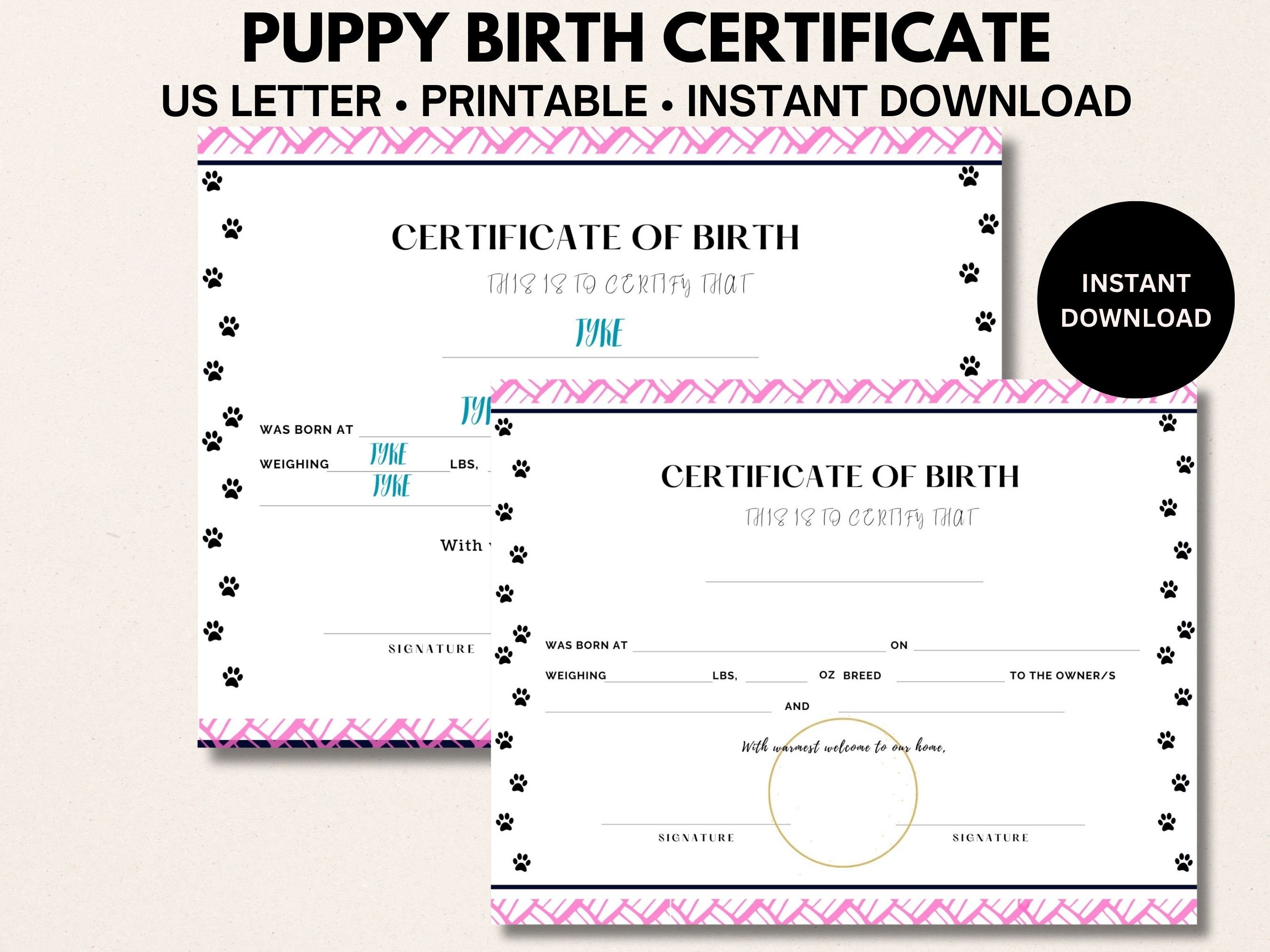 Editable Cute Puppy Birth Certificate, Birth Certificate for New Pup - Etsy