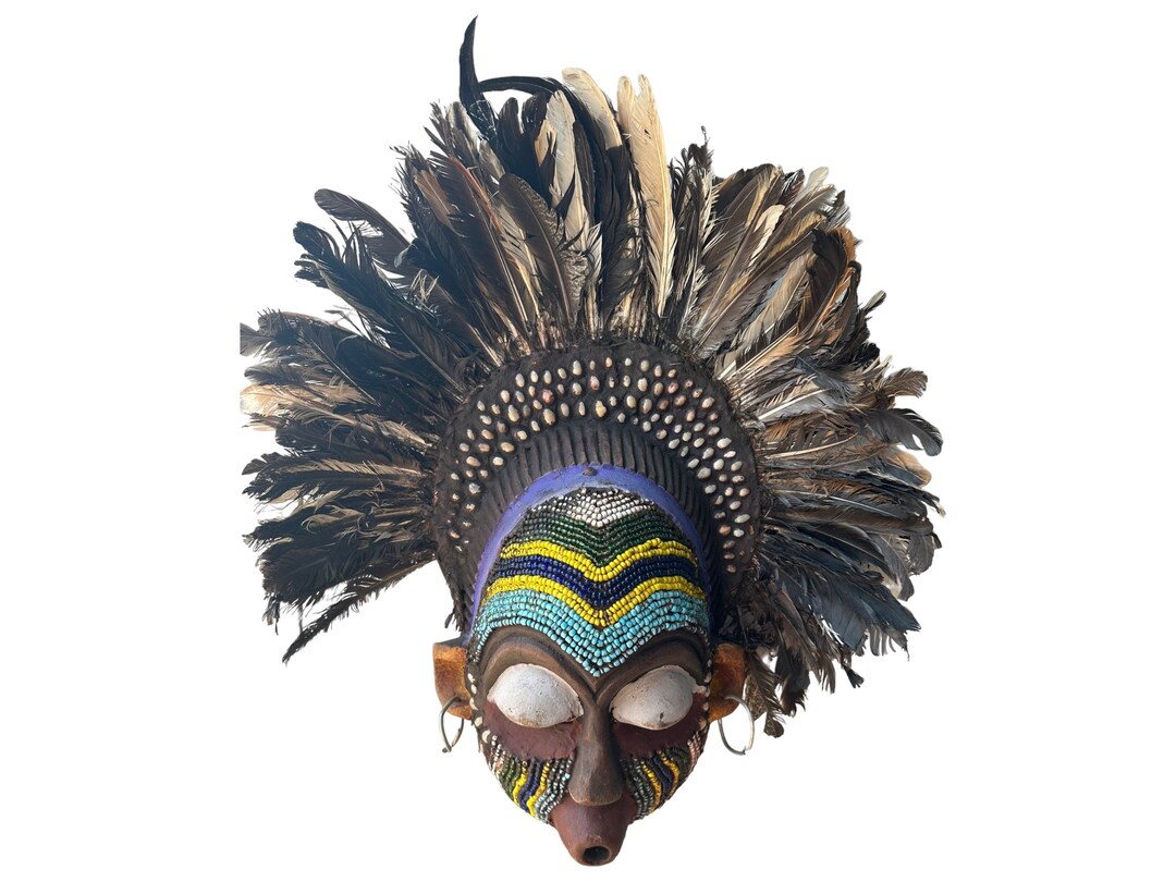 African Wooden Wall Mask Decor With Feathers - Authentic Handcrafted ...