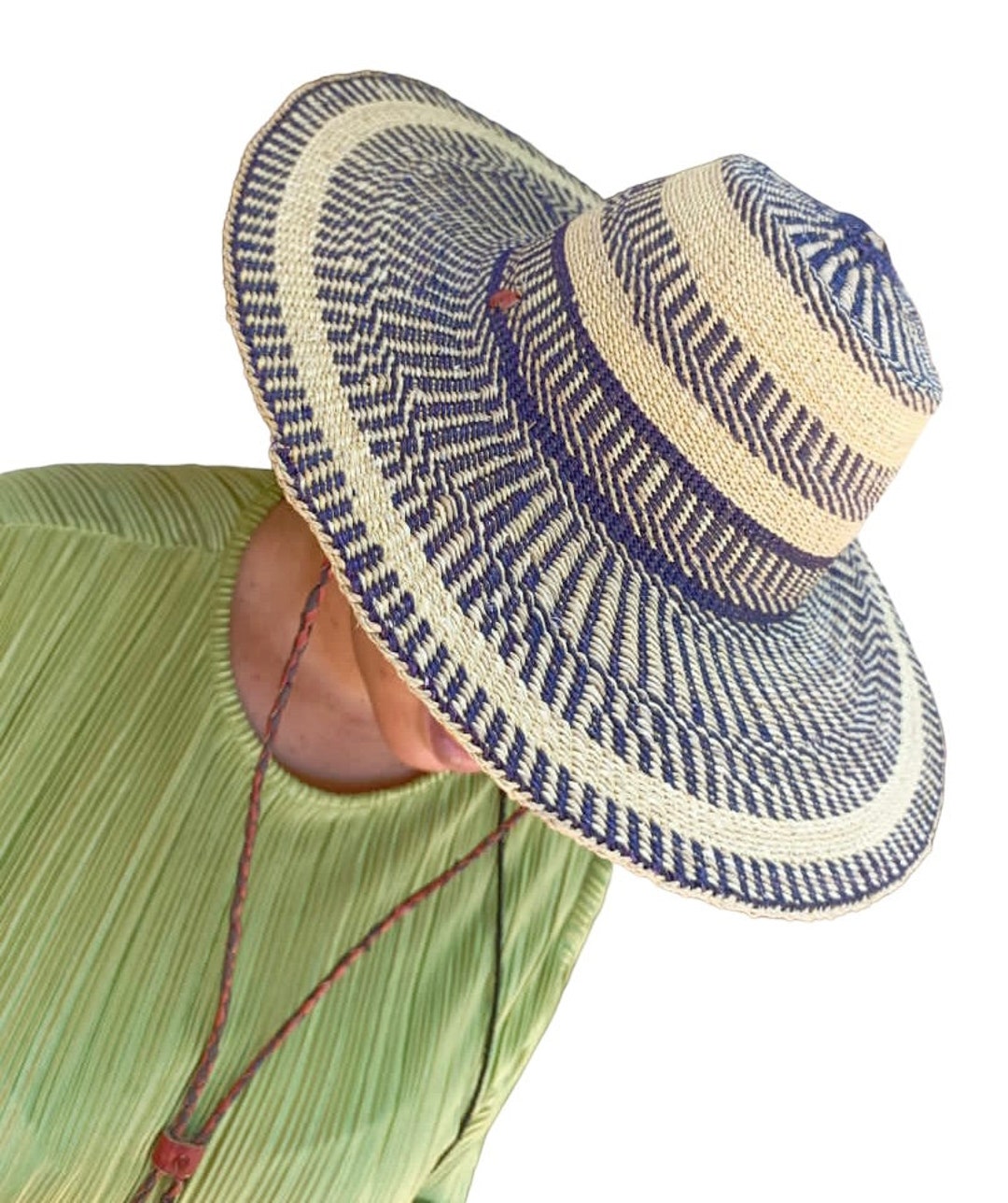 Africa Straw Hat, Blue Beige Striped Wide Brim Woven Sunhat, Summer Hat ...