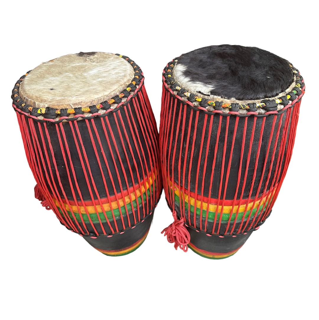 Vintage African Djembe Drums: Hand Carved Tweneboa Wood, Calfskin Heads ...