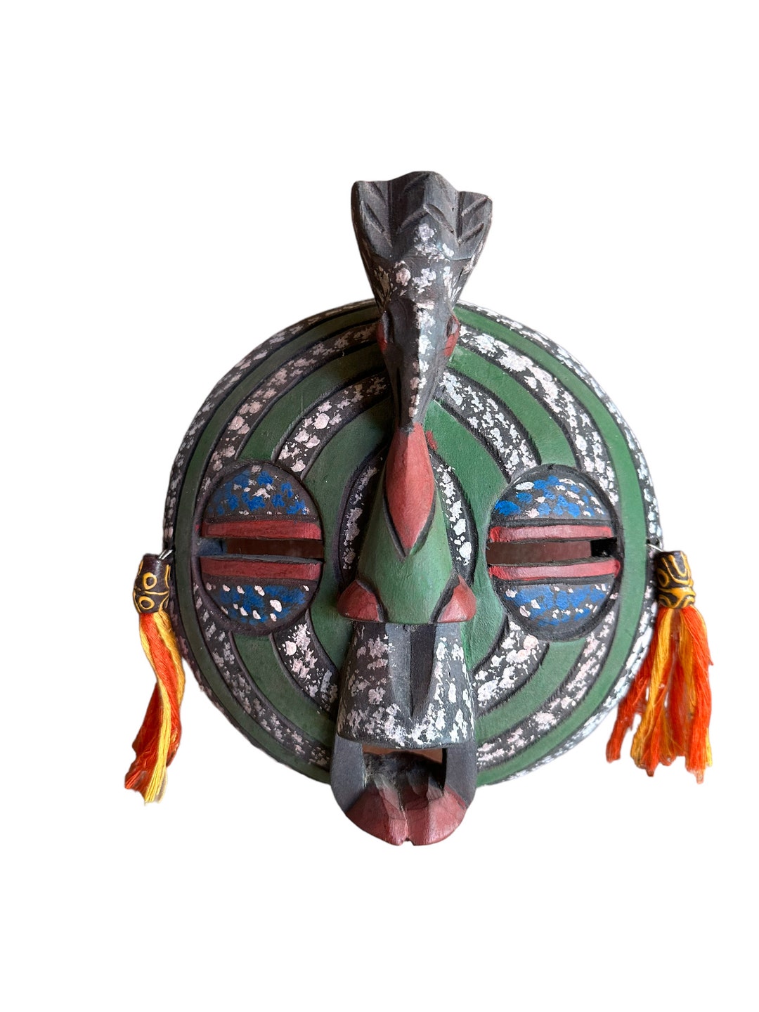 African Safari Mask - Green Bird of Happiness Wooden Mask With Beads ...