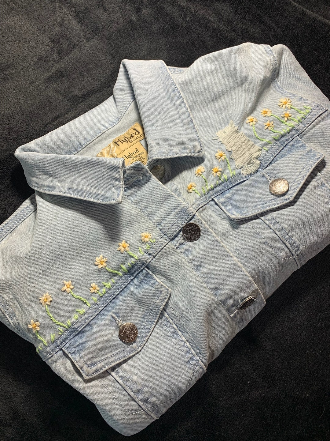 Daisy Embroidered Thrifted Denim Jacket - Etsy