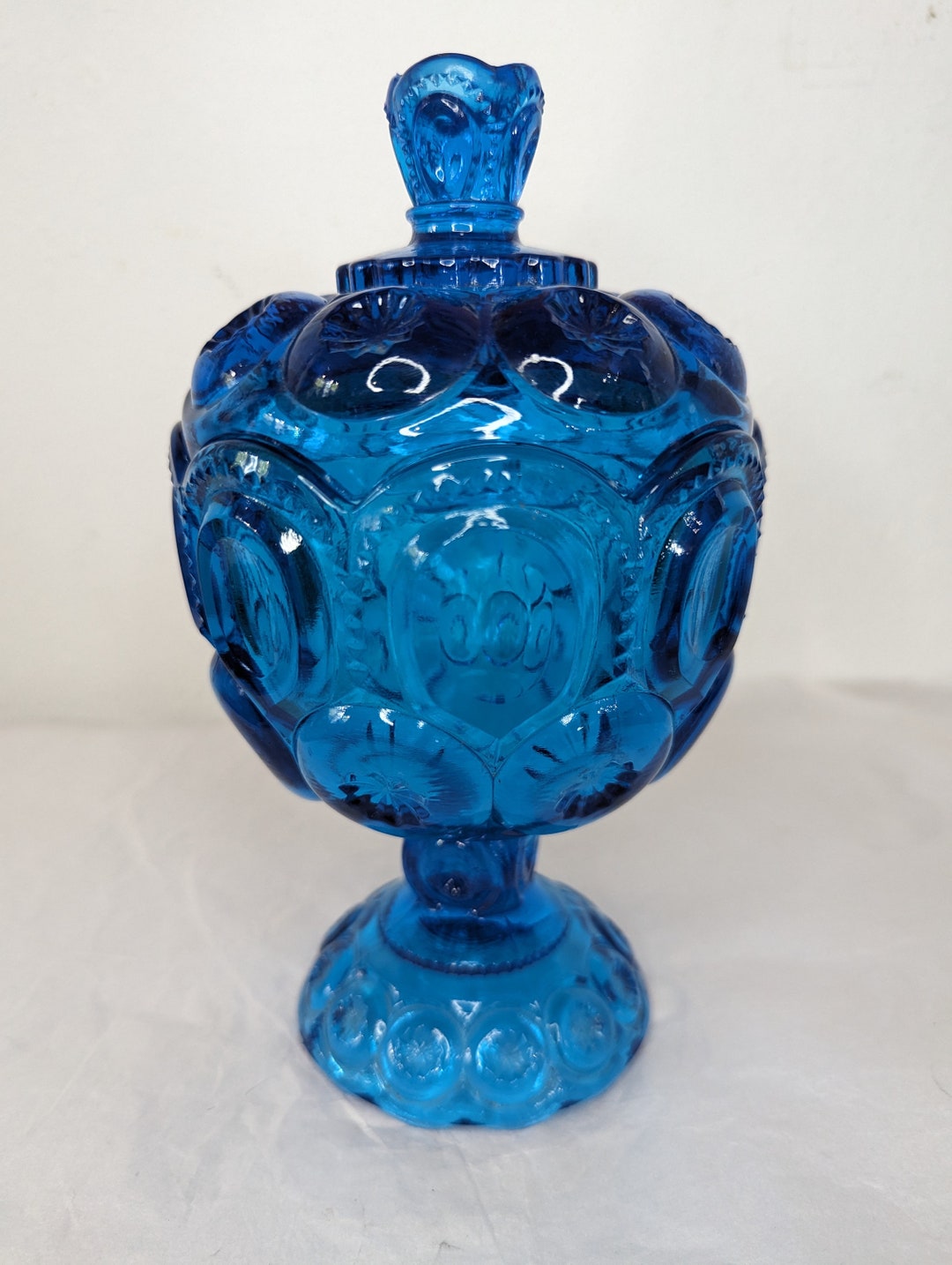Vintage L E Smith Blue Glass Moon and Stars Pedestal Compote/candy Dish ...