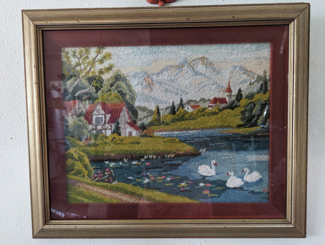 Vintage Intricate Needlepoint Mountain Lake W/swans Framed - Etsy