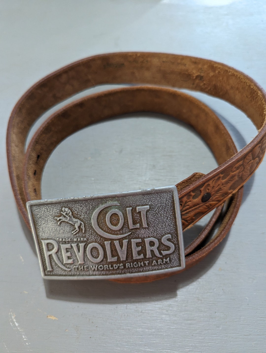 Vintage Colt Revolver Belt Buckle W/ Hand Tooled Leather Belt - Etsy