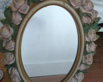 27x19 Vintage Oval Pink Rose Wall Mirror Plastic Home Interiors Brand ...