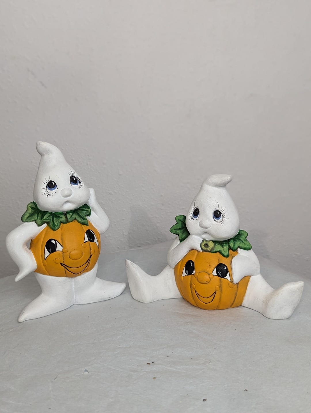 Vintage Halloween Ceramic Pumpkin Belly Ghosts Set of 2 - Etsy
