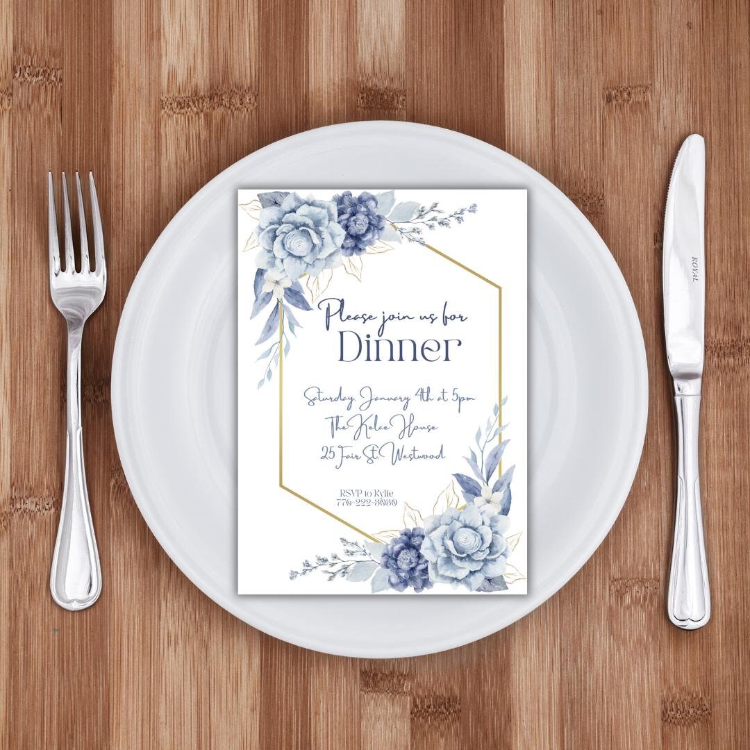 Dinner Party Invitation, Rustic, Blue Floral, Gold, Editable Template ...