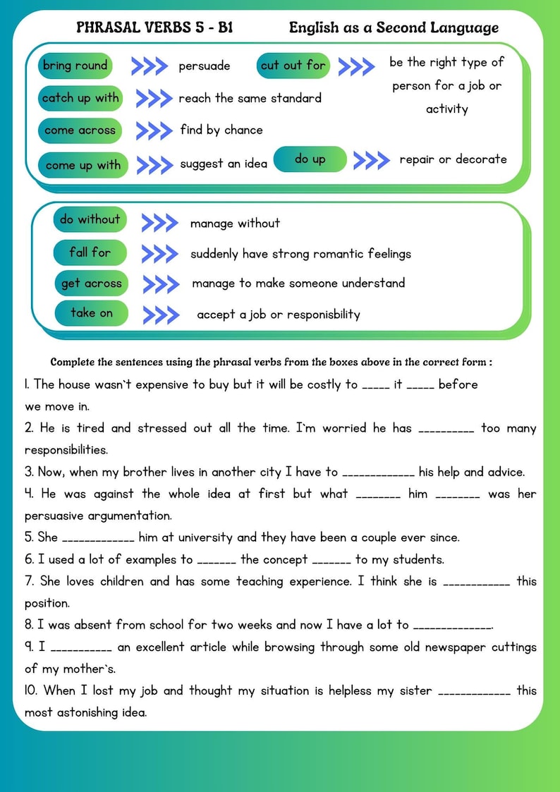 PHRASAL VERBS 5 – English as a Second Language - B1 - Etsy