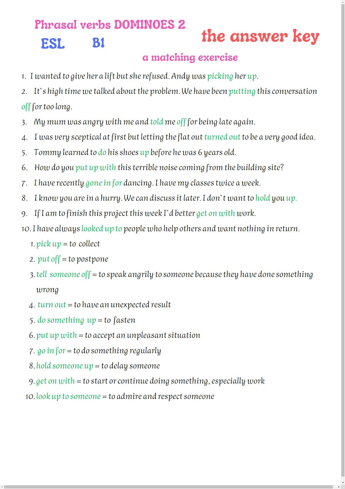 PHRASAL VERBS DOMINOES 2 – Matching Exercise - Etsy