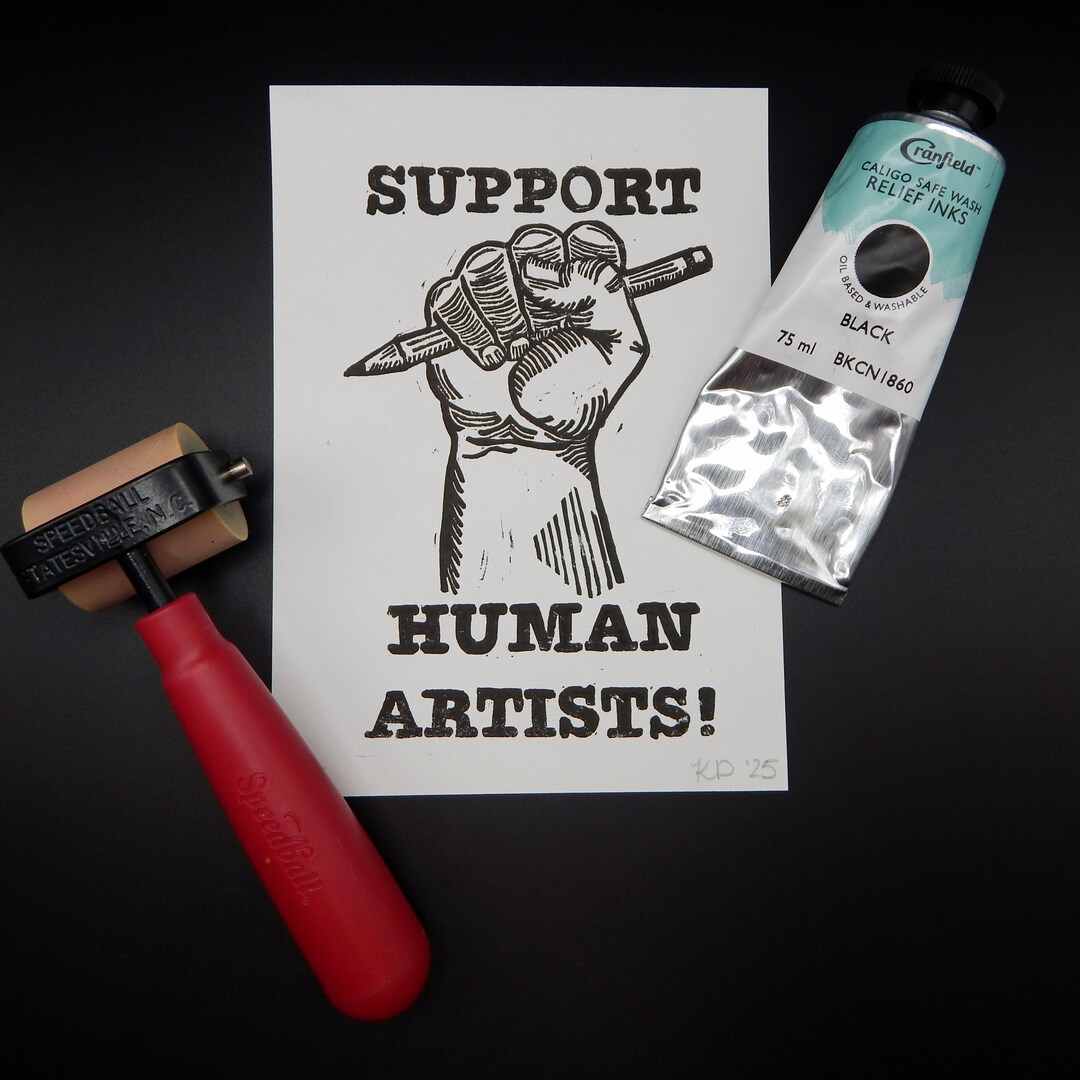 Support Human Artists! Original Linocut Print - Handmade Art Print on ...