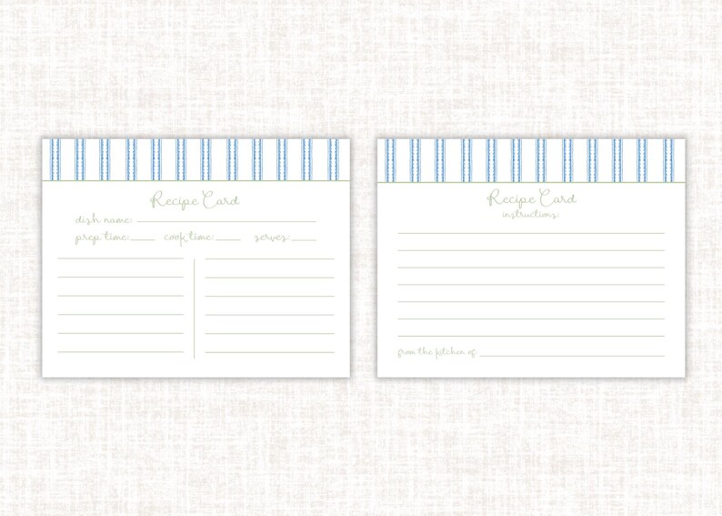 Blue Stripe Recipe Cards | Custom Recipe Cards | 4x6 Notecard Recipe ...
