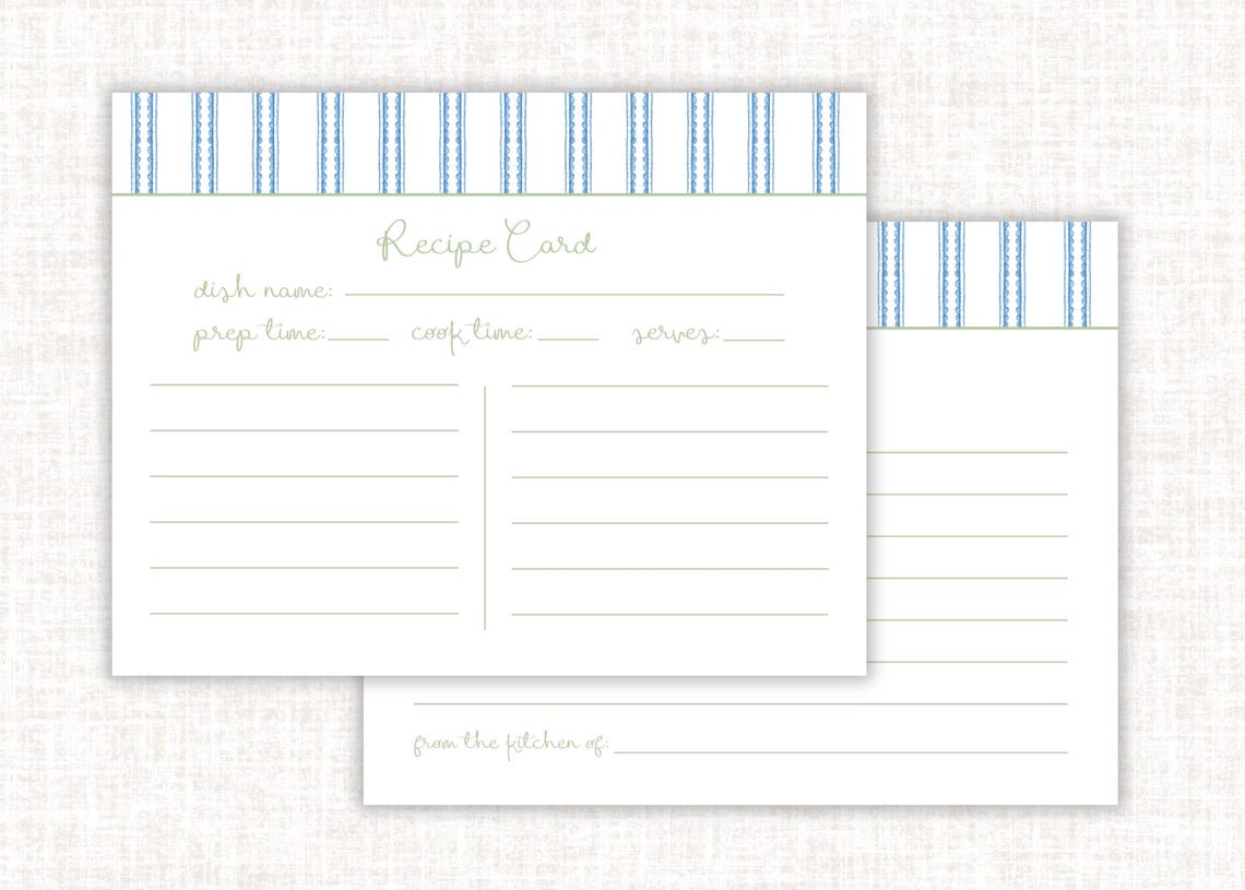 Blue Stripe Recipe Cards | Custom Recipe Cards | 4x6 Notecard Recipe ...