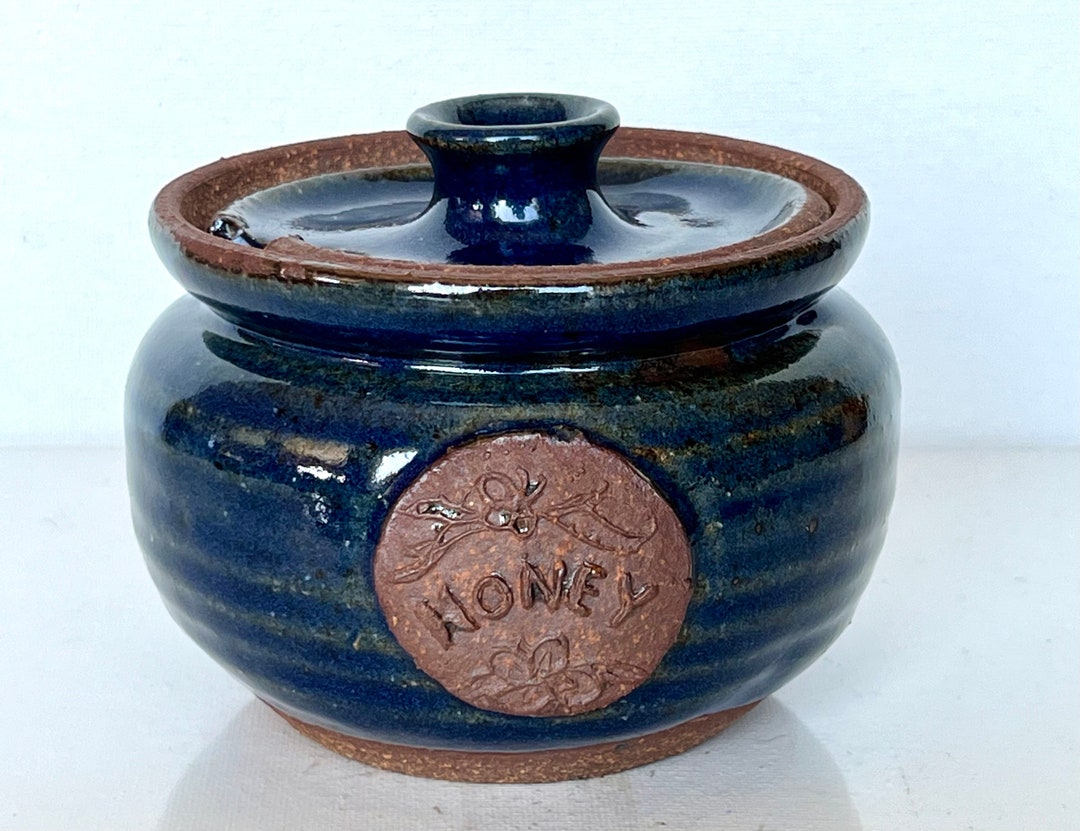 Studio Pottery Earthenware Honey Pot Dark Blue Glaze With Applied Honey ...