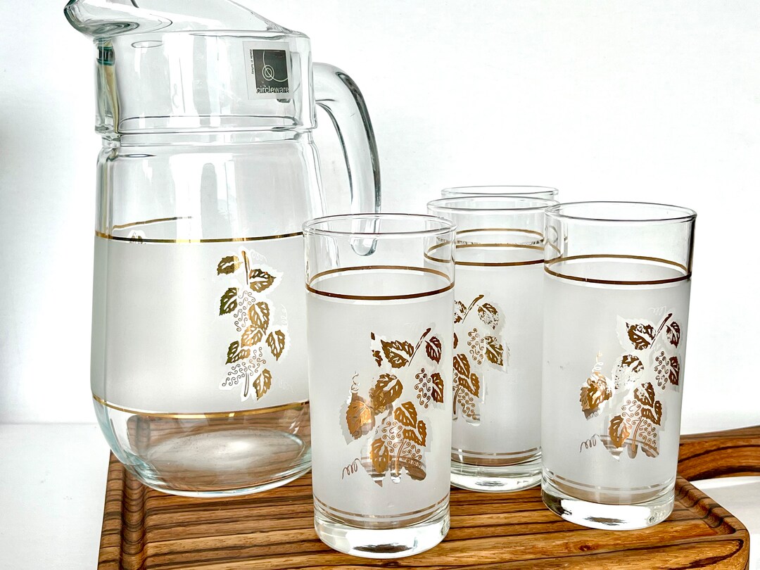 Circleware Turkey Glass Pitcher With 4 Glasses Gold and Frosted Panels ...