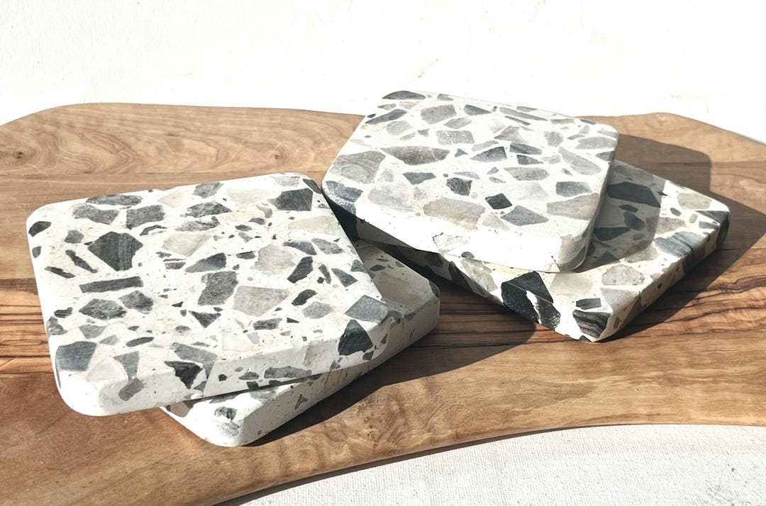Set of 4 Stone Coasters TERRAZZO Greys on White Thick Heavy Tiles Cork ...
