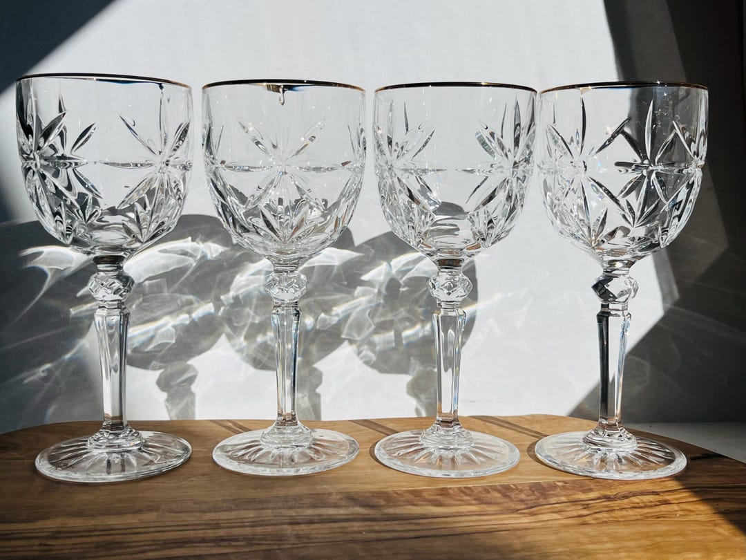 Avon Goblets 24% Lead Crystal 7" Gold Rim Star Fan Pattern France Set ...