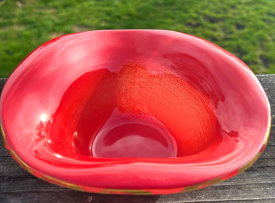 Vintage Annie Glass Signed Annieglass Anemone Red Bowl Edge Brushed Gold Etsy