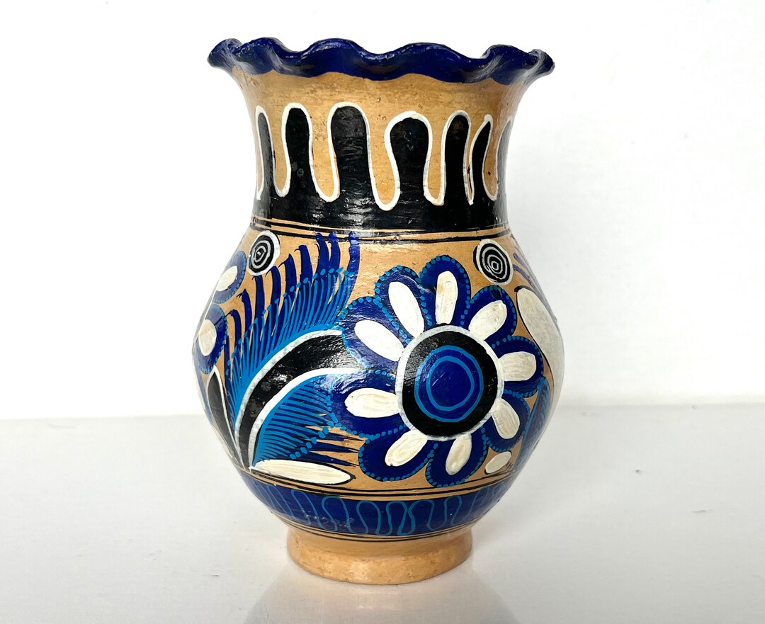 Vintage Primitave Tonala Vase in Vivid Cobalt Blue, White and Black ...