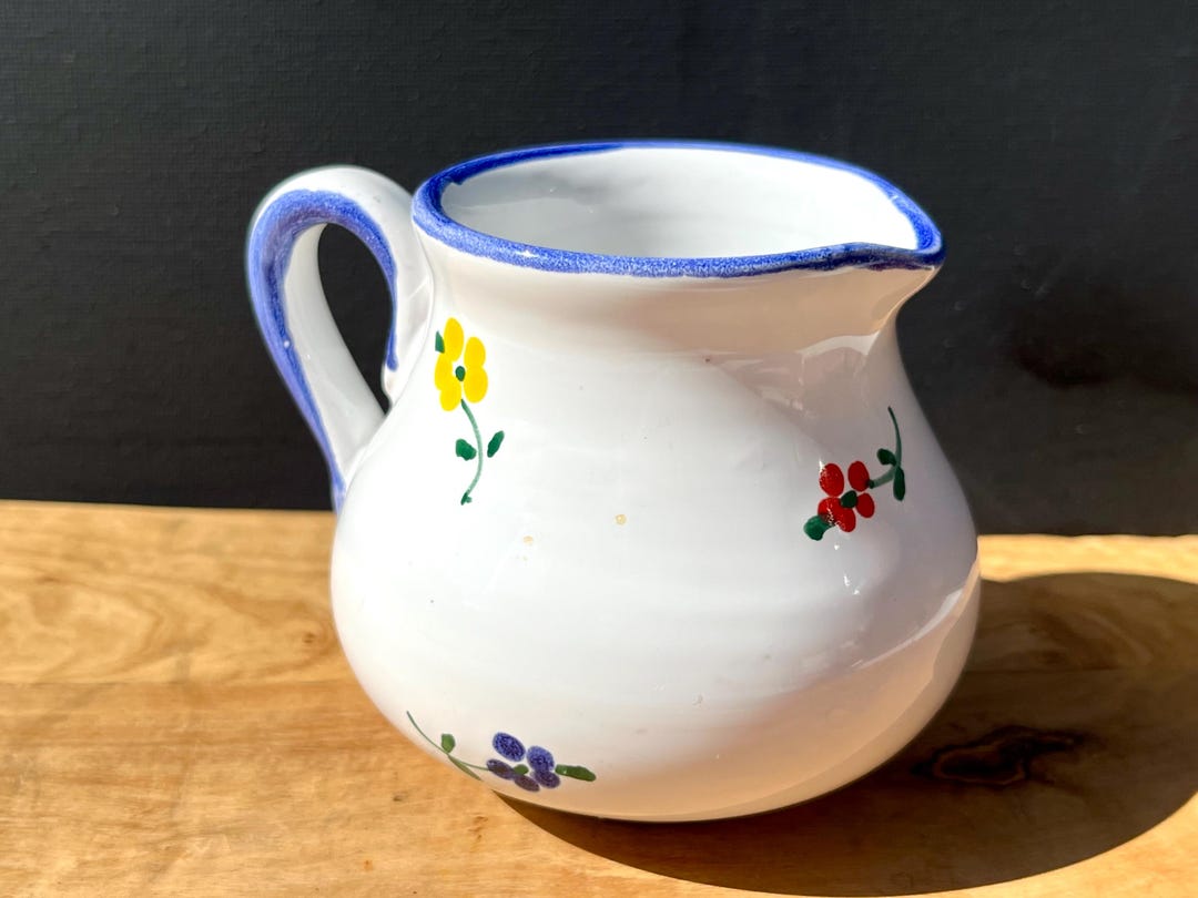 Italian Redware Pottery Milk Cream Pitcher White Hand Painted Primary ...