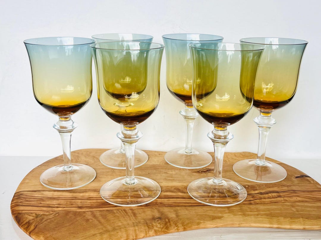 Vintage Denby Aurora Amber and Blue Wine Goblet Glasses Dawn Krosno Set ...