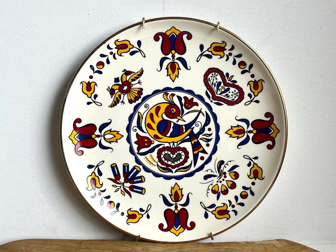 PENNSYLVANIA DUTCH Plate -birds, Hearts and Tulips- Vivid Color Folk ...