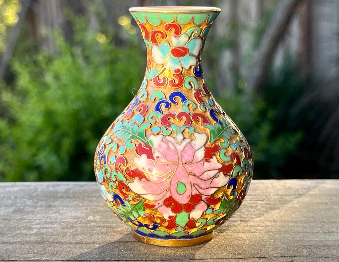Vintage Chinese Cloisonné Miniature Brass Vase With Gold and Enameling ...