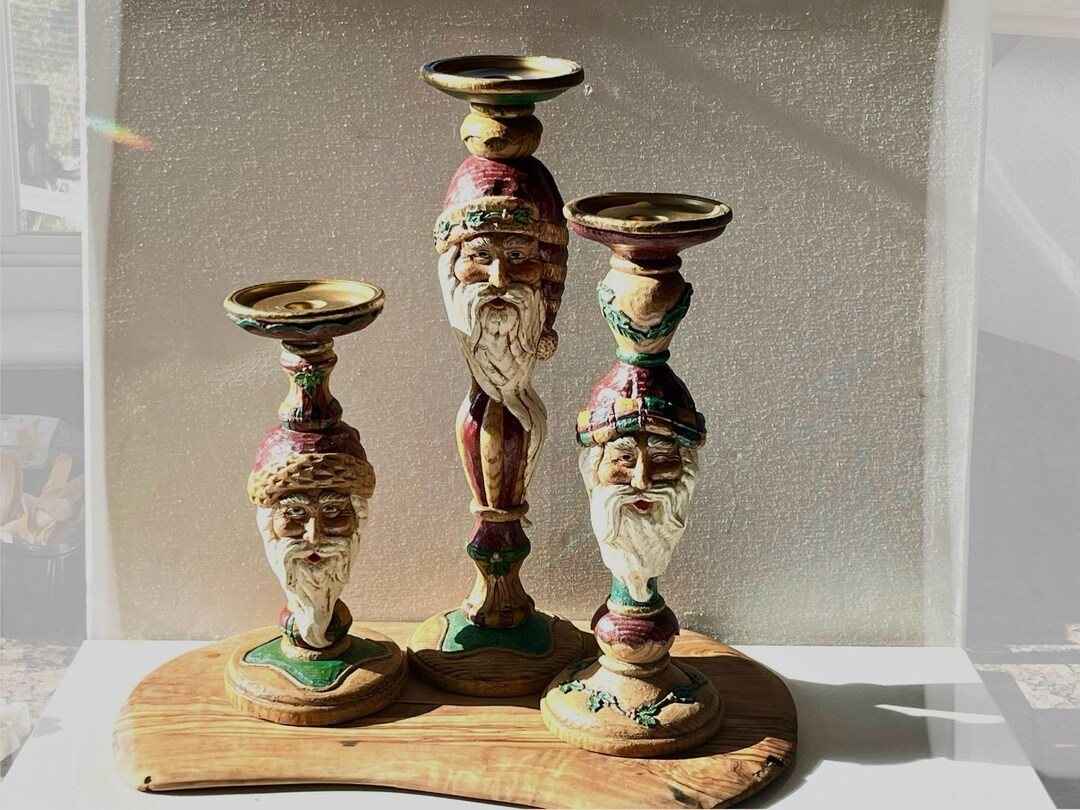 Woodland Santa Candlesticks Expressive Faces Set of 3 Pillar or Taper ...