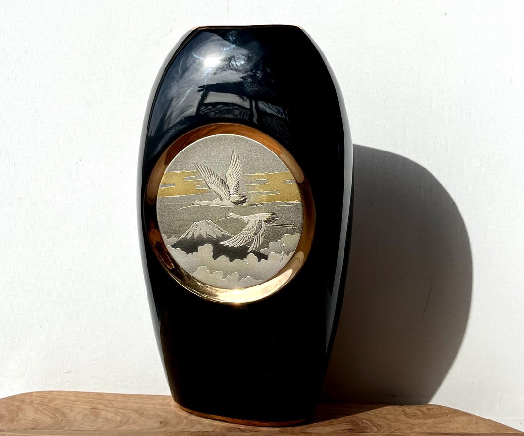 Vintage Art of Chokin Japanese Porcelain Vase Black With Flying Cranes ...