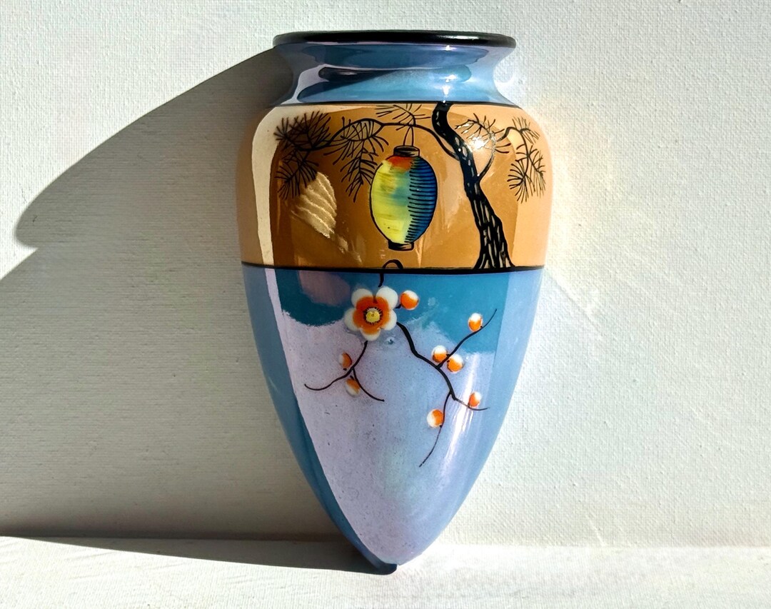 Vintage Japanese Lusterware Wall Pocket/ Vase in Blue and Gold Lantern ...