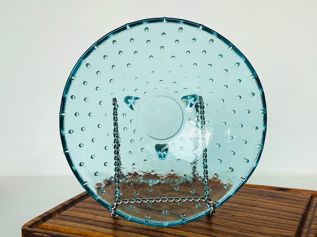 Large Vintage Recycled Glass Blue Hobnail Glass Footed Serving Fruit ...
