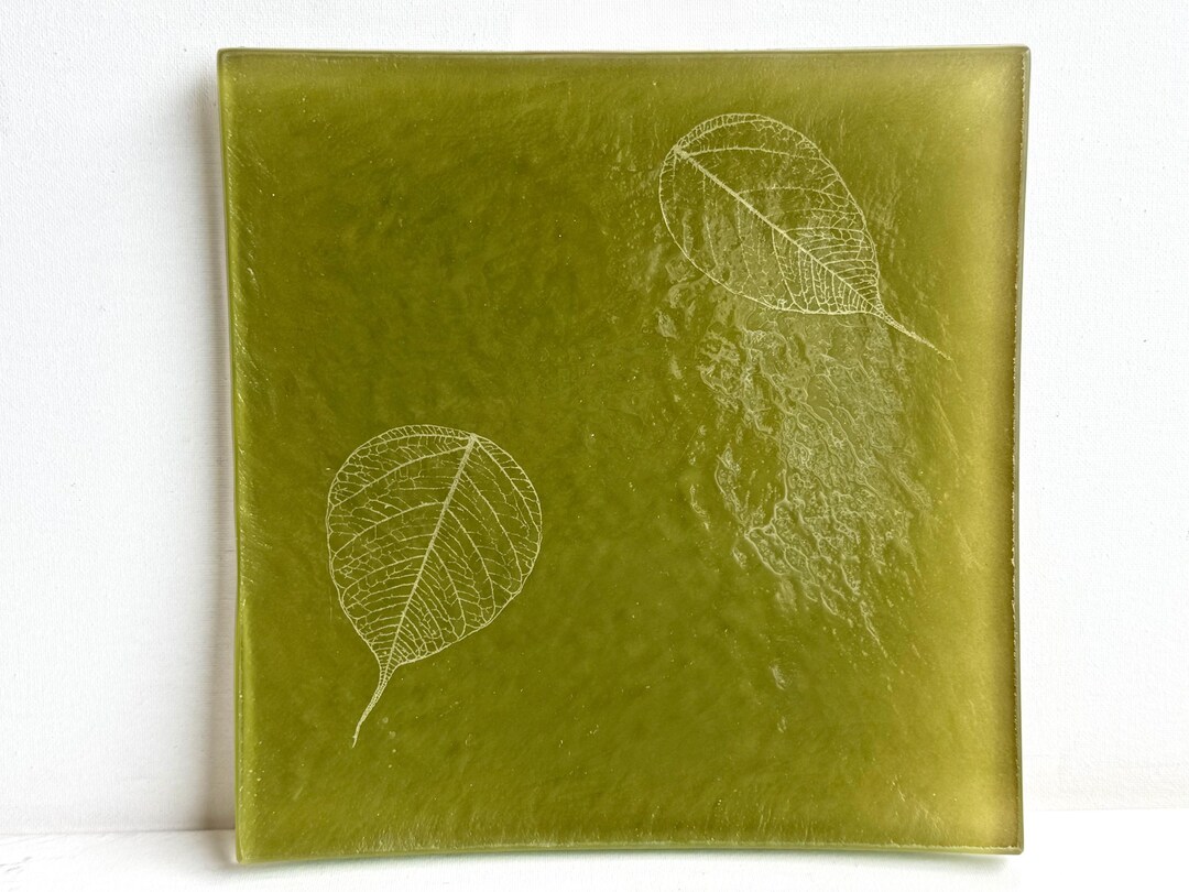 Annieglass Fallen Leaf Plate Platter 10” Square Green With Gold Leaves ...